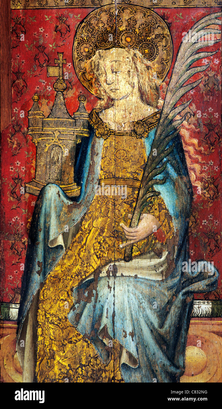 Ranworth, Norfolk, rood screen, St. Barbara holding a castle tower ...