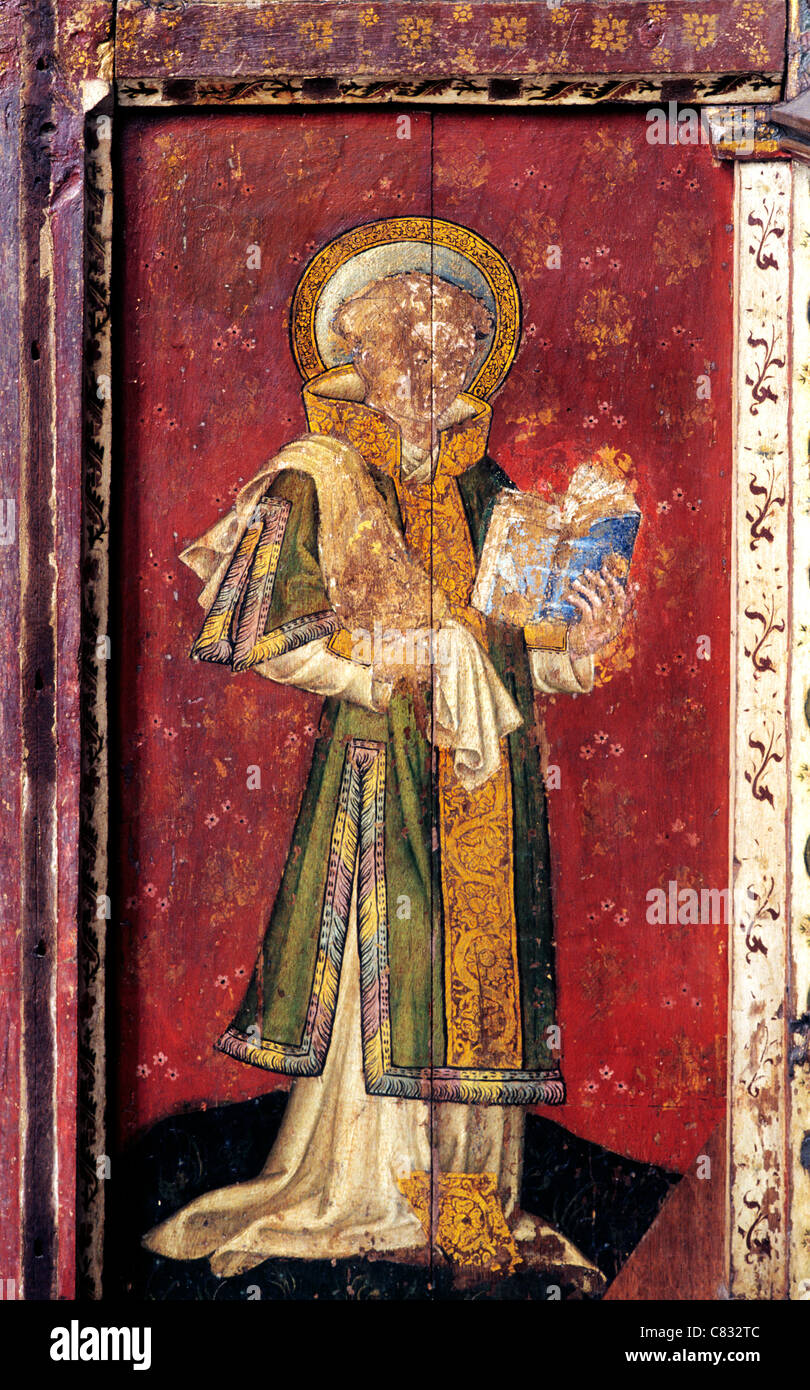 Ranworth, Norfolk, rood screen, St. Stephen, holding the stones of his ...
