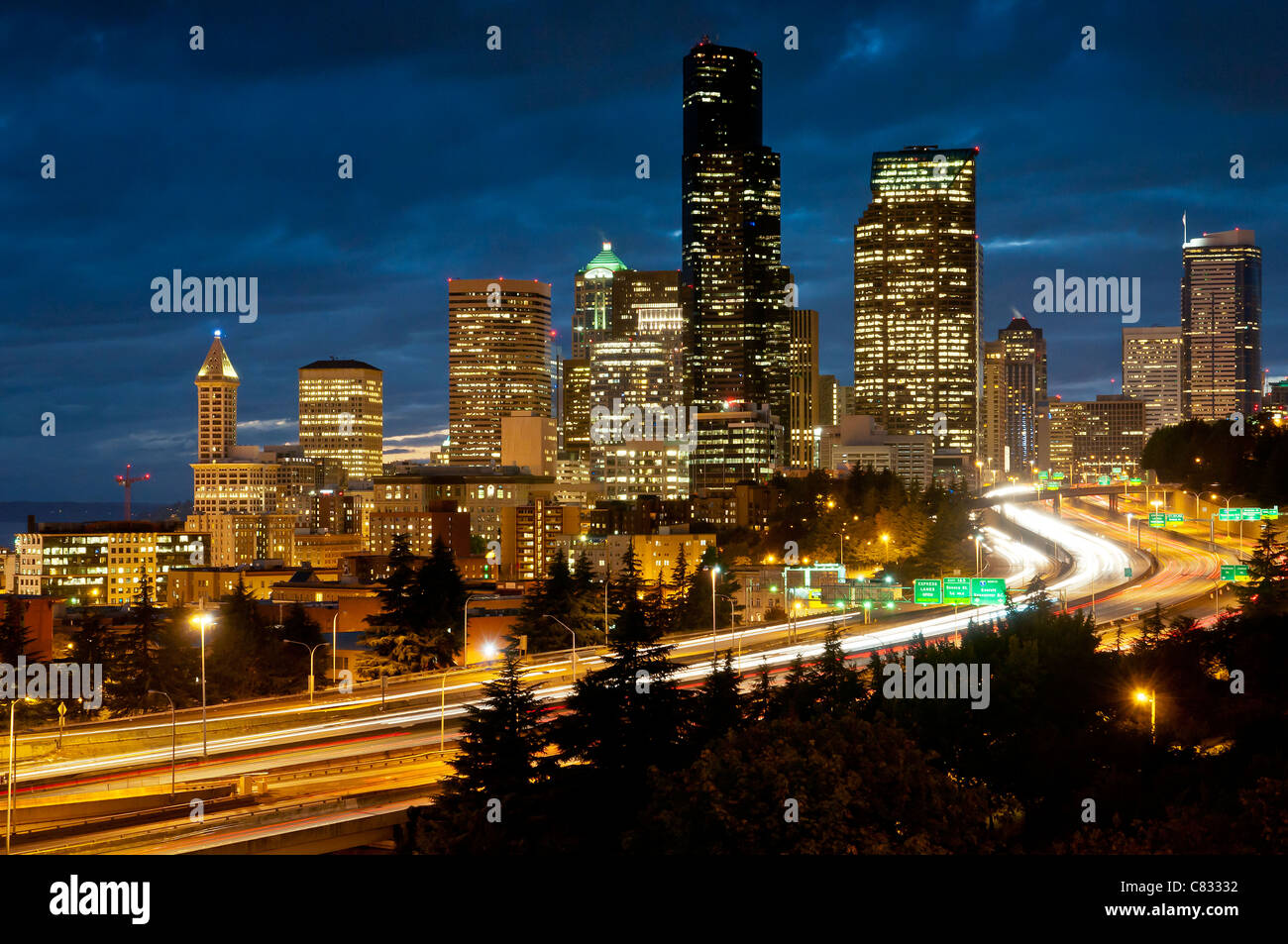 Night view of downtown Seattle with Interstate 5, Seattle, Washington ...