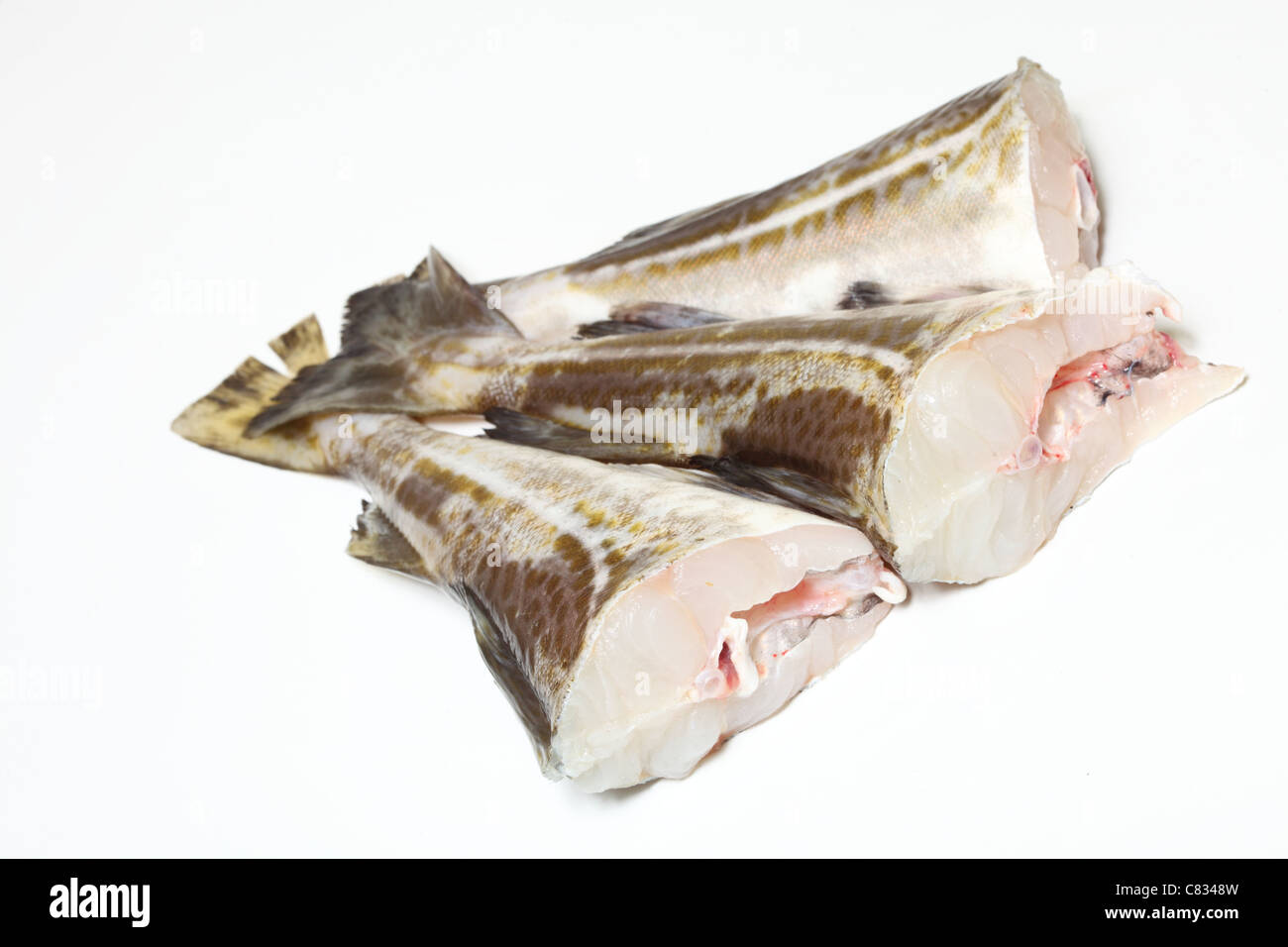 Raw cod fish fillets in kitchen on white background Stock Photo - Alamy