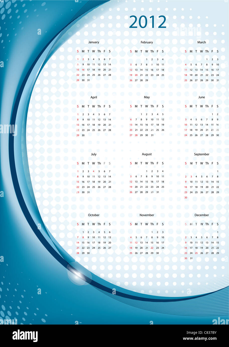 Blue elegant calendar 2012, week starts with sunday Stock Photo - Alamy