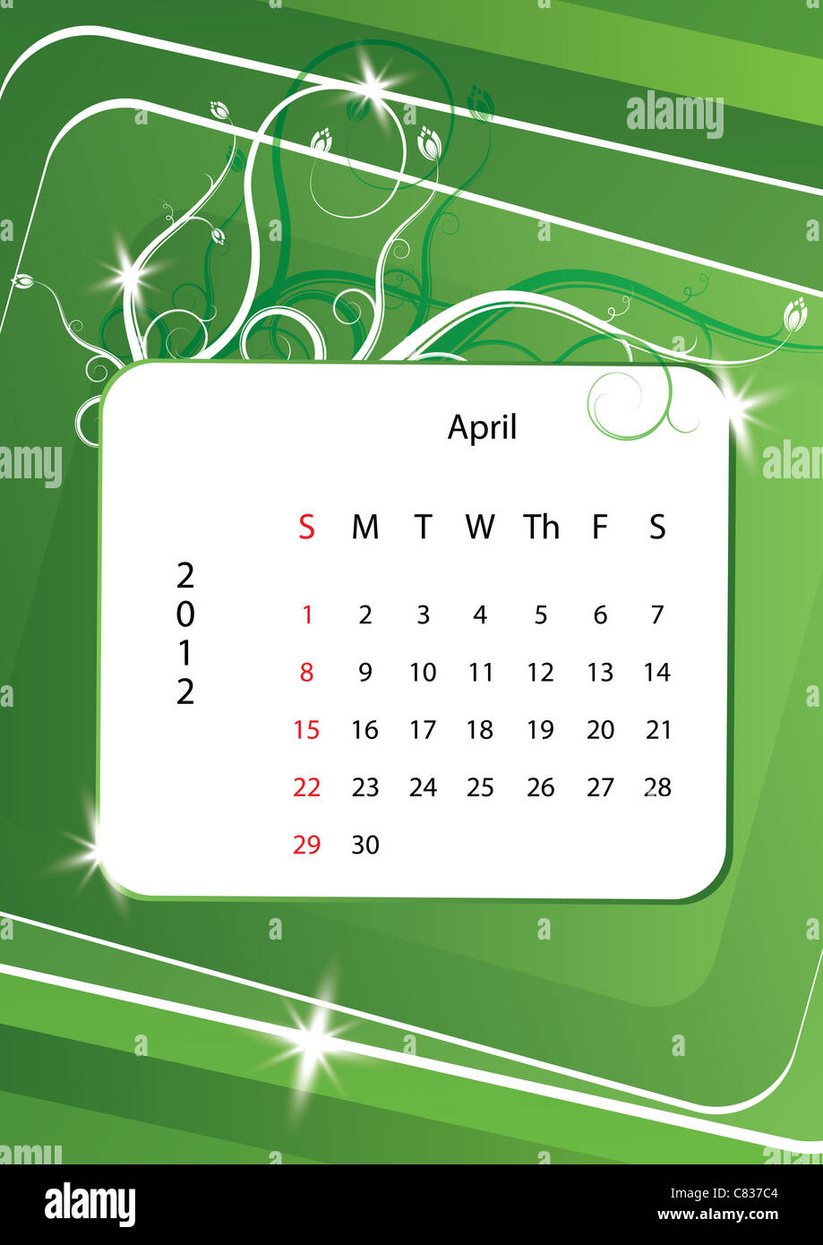 April calendar 2012, week starts with sunday Stock Photo - Alamy