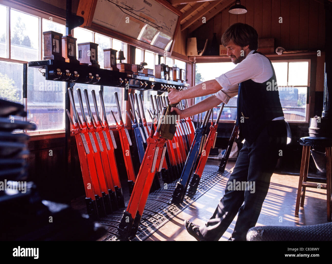 Signal man operating points/signal levers at Bridgnorth Station, Severn ...
