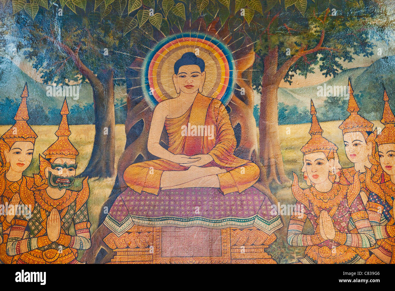 Cambodia, Phnom Penh, Wat Phnom, Wall Mural depicting Life of Buddha ...