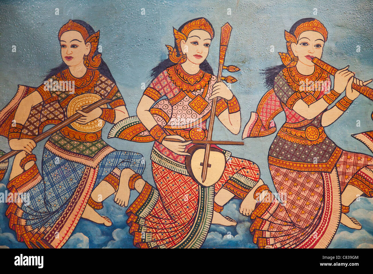 Cambodia, Phnom Penh, Wat Phnom, Wall Mural depicting Life of Buddha ...