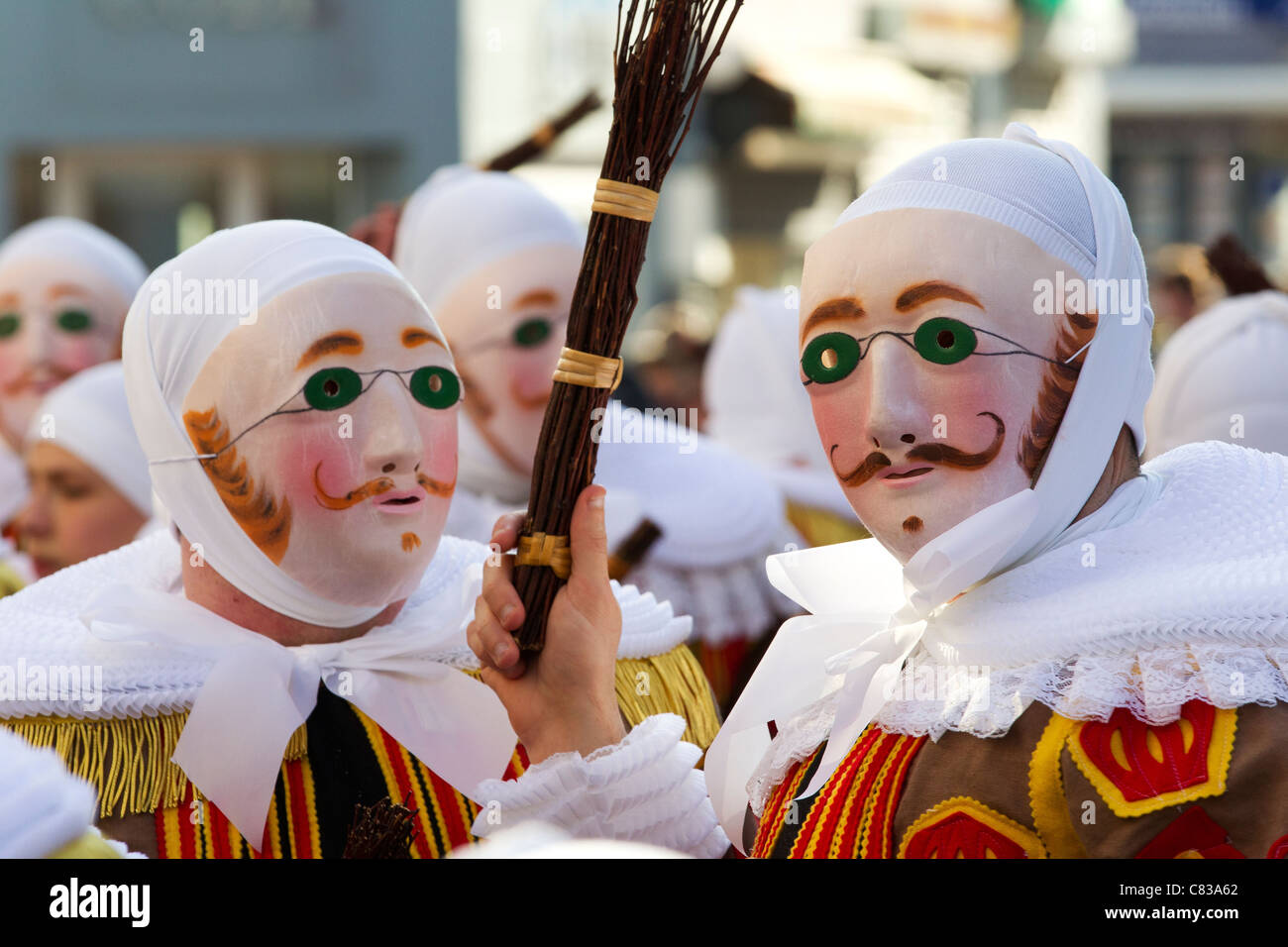 festival carnival participants binche belgium traditional head-dress ...