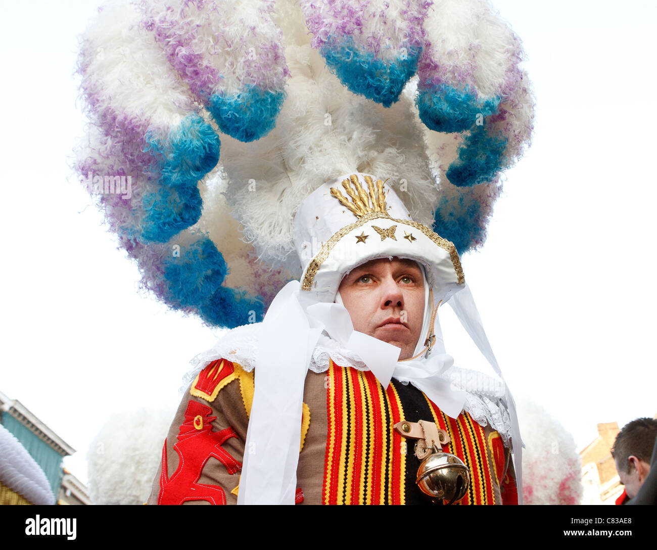 festival carnival participants binche belgium traditional head-dress ...