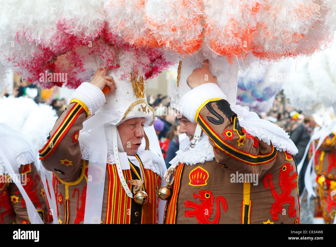 festival carnival participants binche belgium traditional head-dress ...