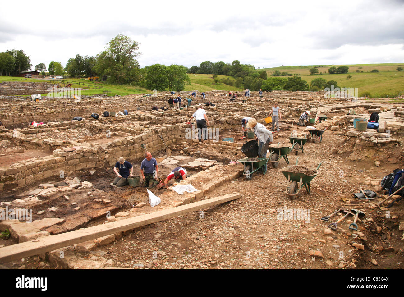Archaeologists digging at excavations at Roman Vindolanda Stock Photo ...