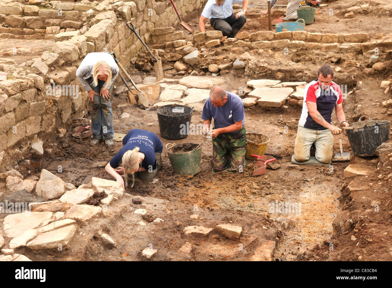 Archaeologists digging at excavations at Roman Vindolanda Stock Photo ...