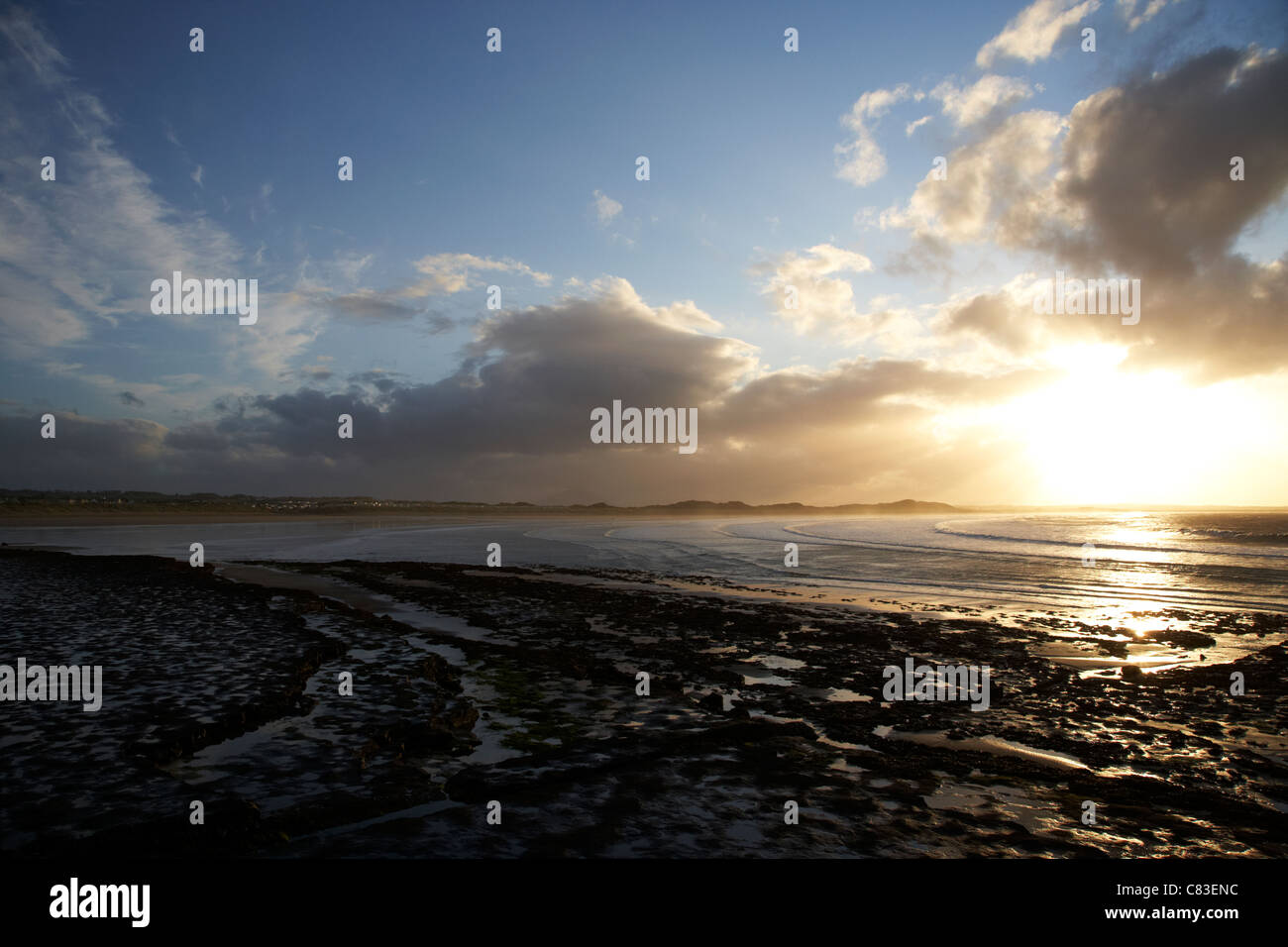 sunset over Enniscrone beach and killala bay county sligo republic of ...