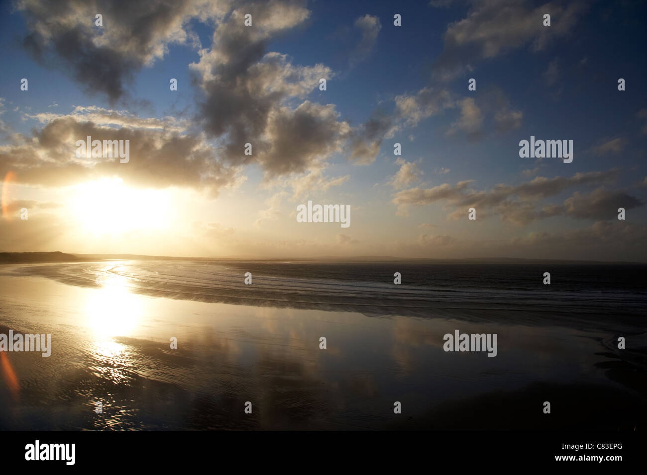 sunset over Enniscrone beach and killala bay county sligo republic of ...