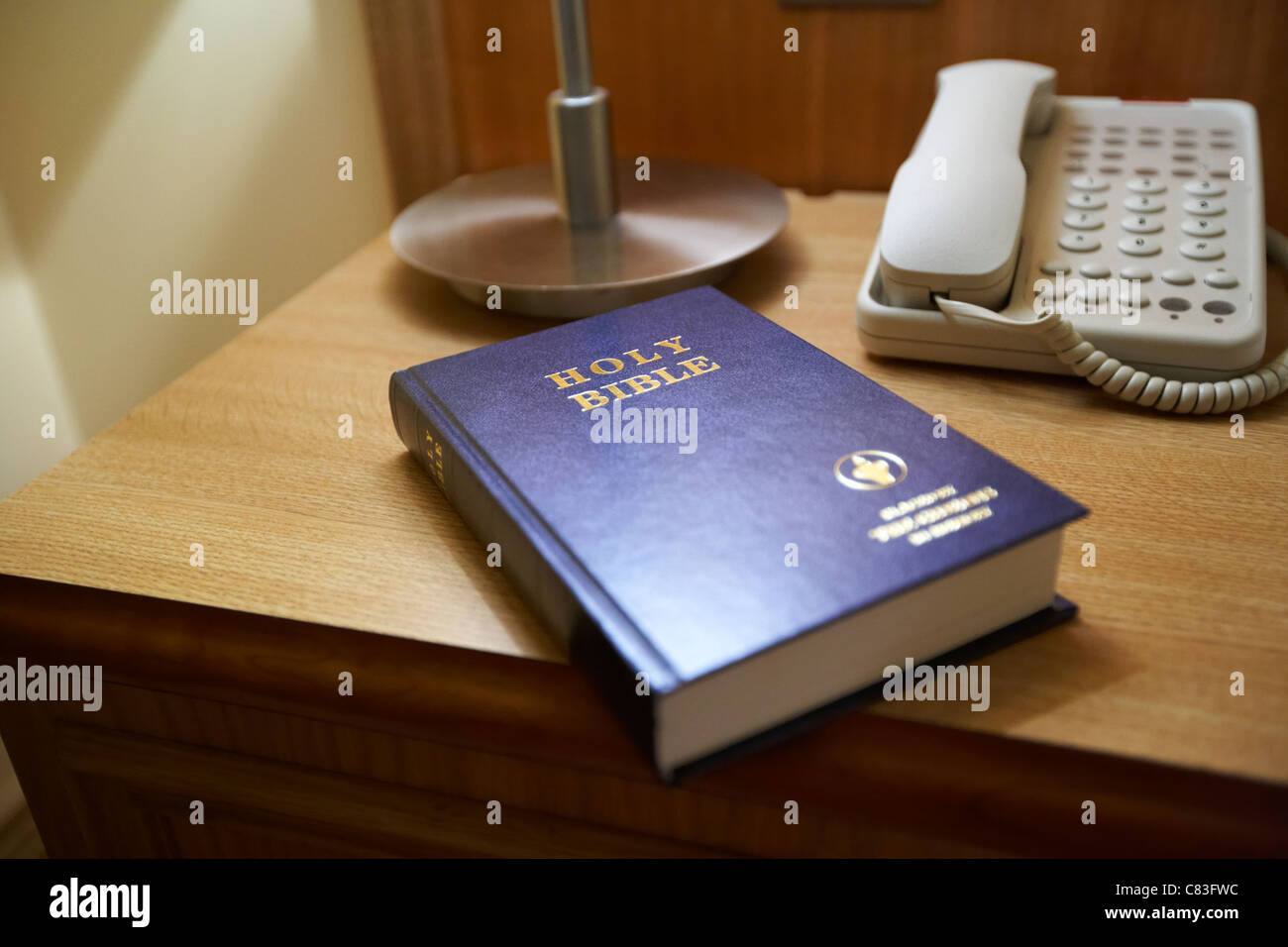 holy bible placed by the gideons on the beside table in the interior of ...