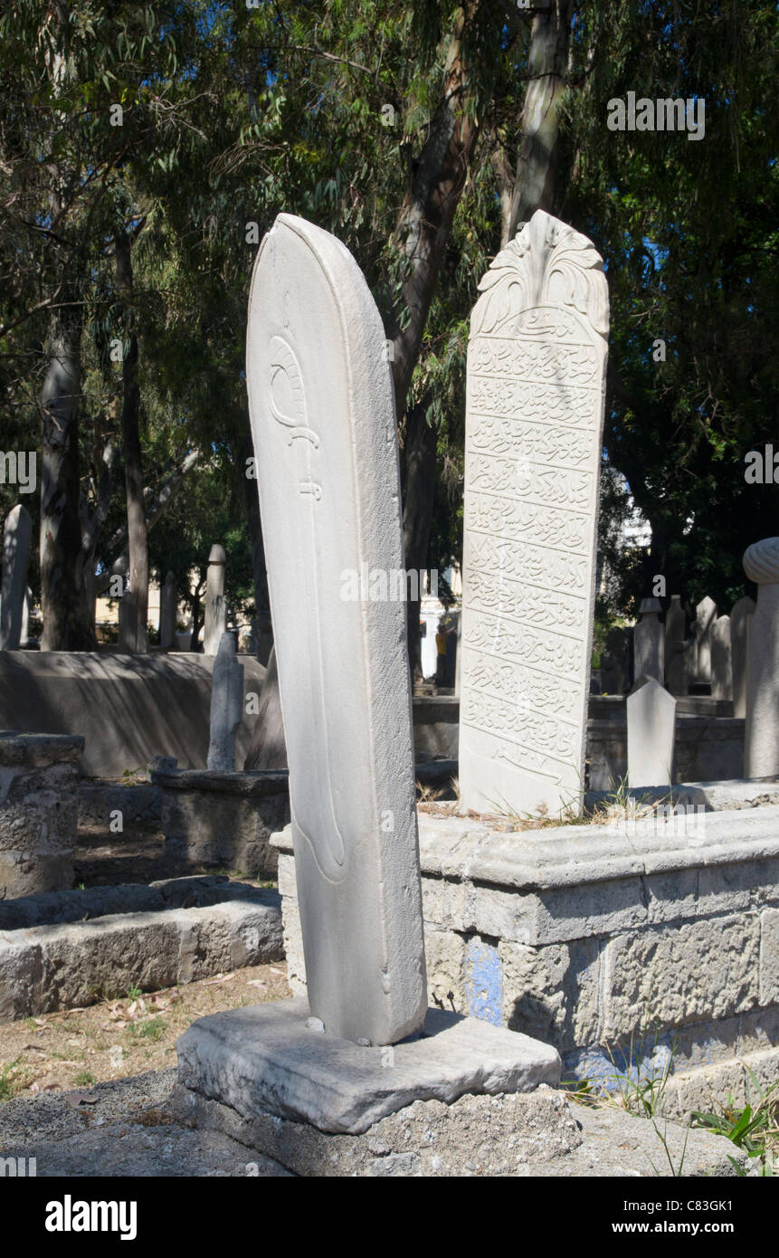 Tombstones in the Turkish graveyard at the Mosque of Murad Reis, Rhodes ...