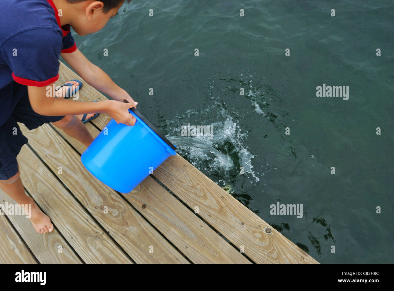 Young boy returns sunfish to lake Stock Photo - Alamy