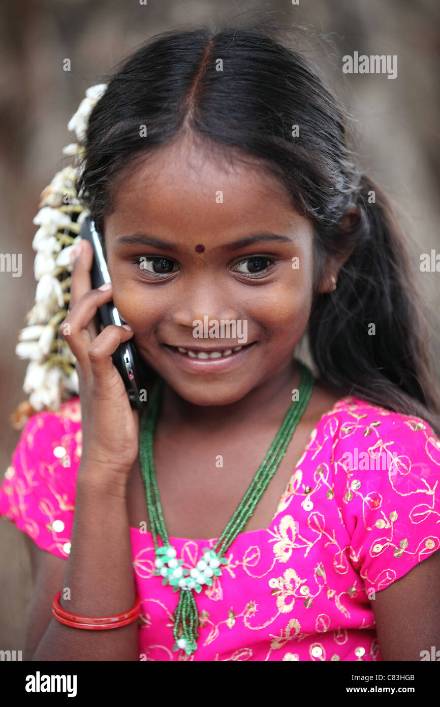 Indian girl using a mobile phone Andhra Pradesh South India Stock Photo ...