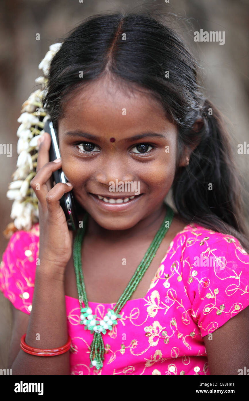 Indian girl using a mobile phone Andhra Pradesh South India Stock Photo ...