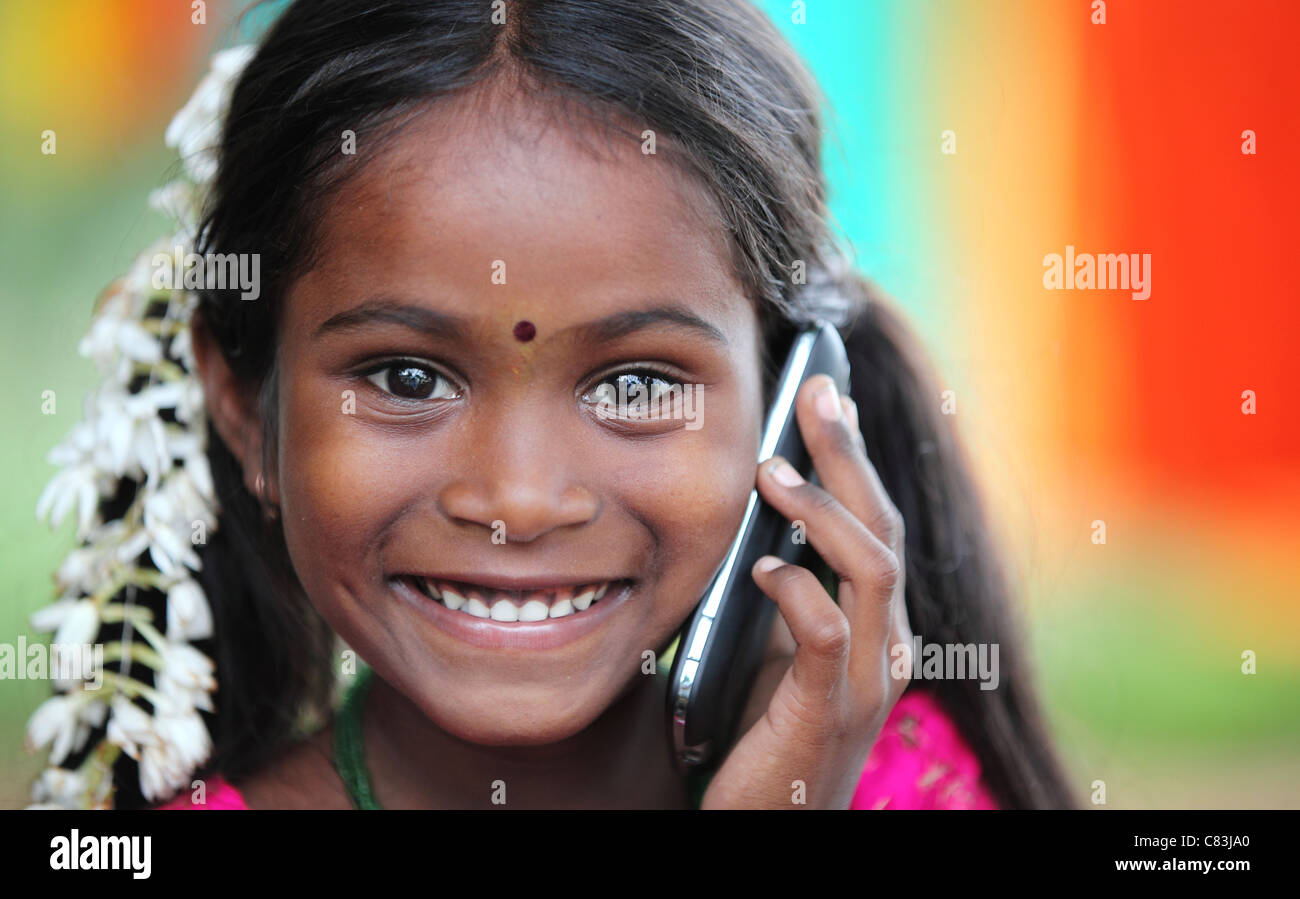 Indian girl using a mobile phone Andhra Pradesh South India Stock Photo ...