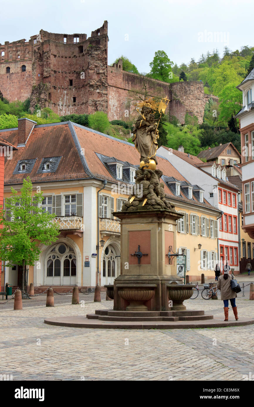 The fountain in the Corn Market (Kornmarkt) Heidelberg, Germany, the ...
