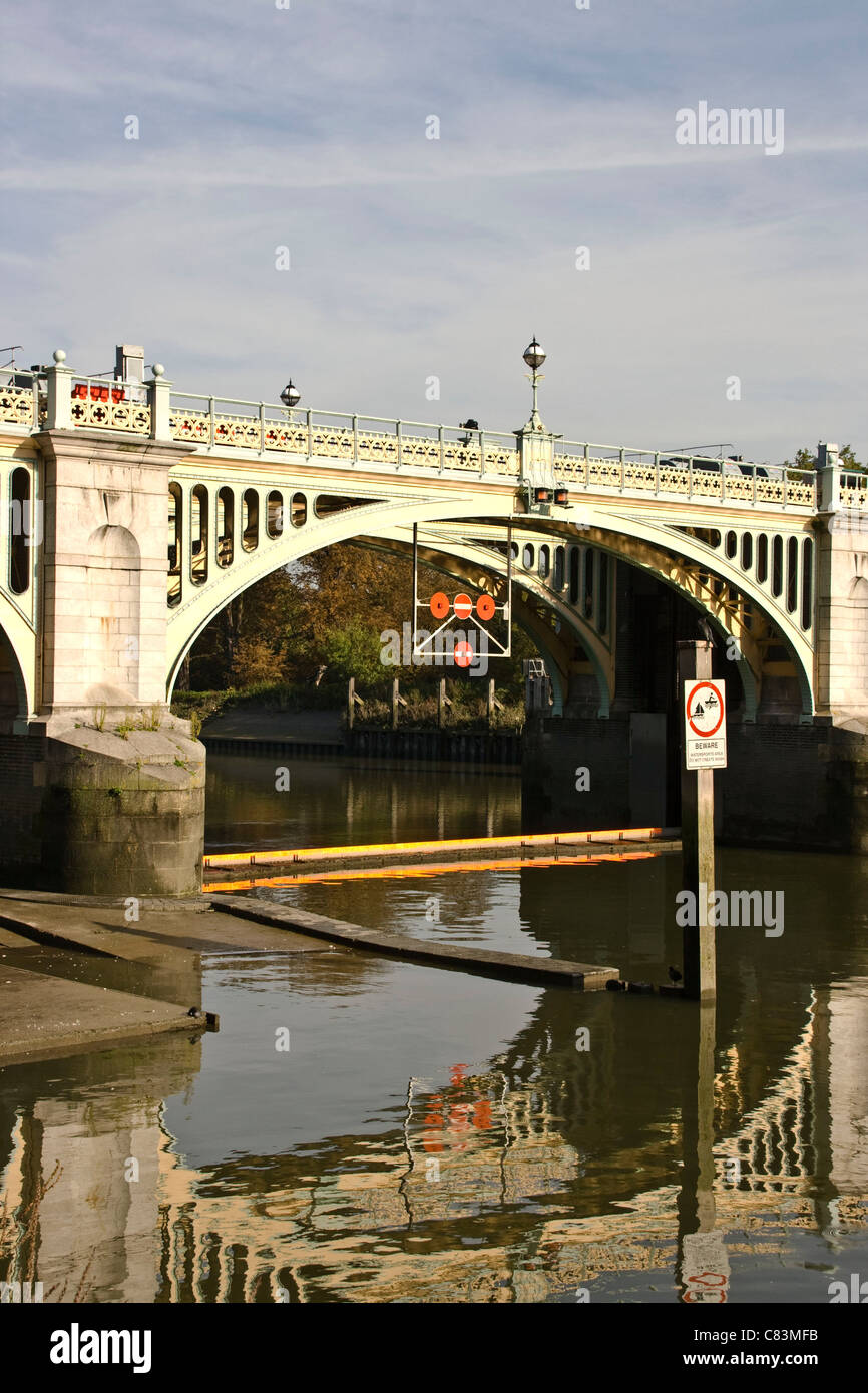 Grade 2 listed Richmond Lock Footbridge reflection Thames river Surrey ...