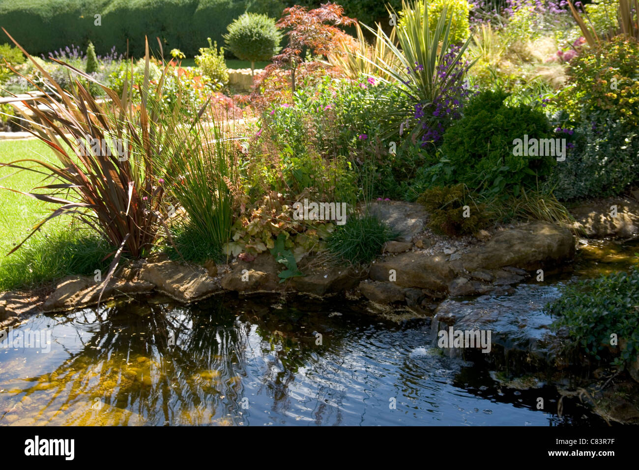 UK gardens. Garden pond cascade water feature Stock Photo - Alamy