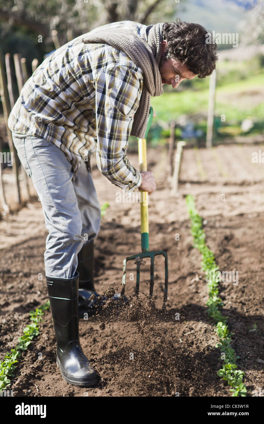 Man turning over soil in garden Stock Photo - Alamy