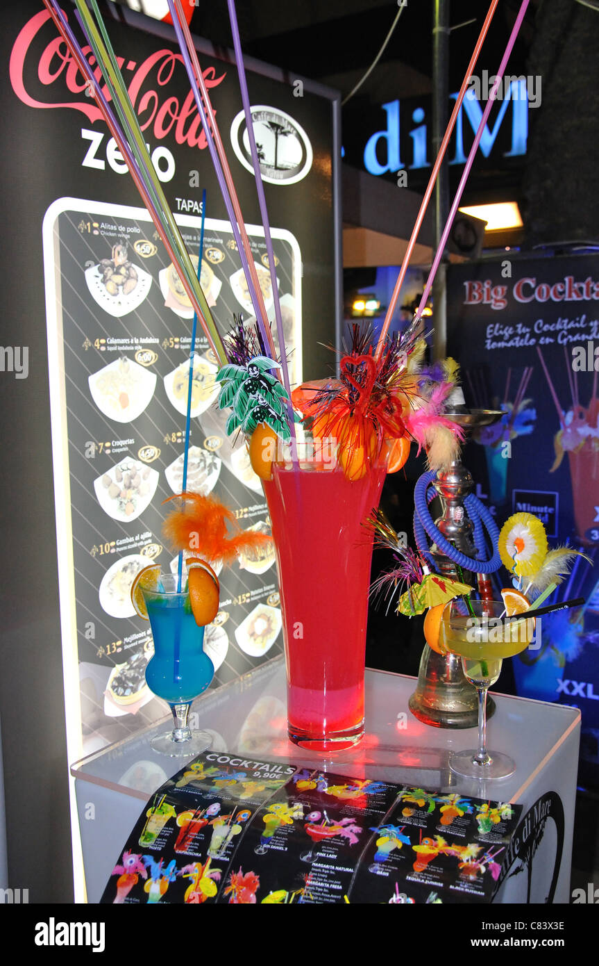 Cocktail display at beachfront bar, Platja de Llevant, Salou, Costa ...