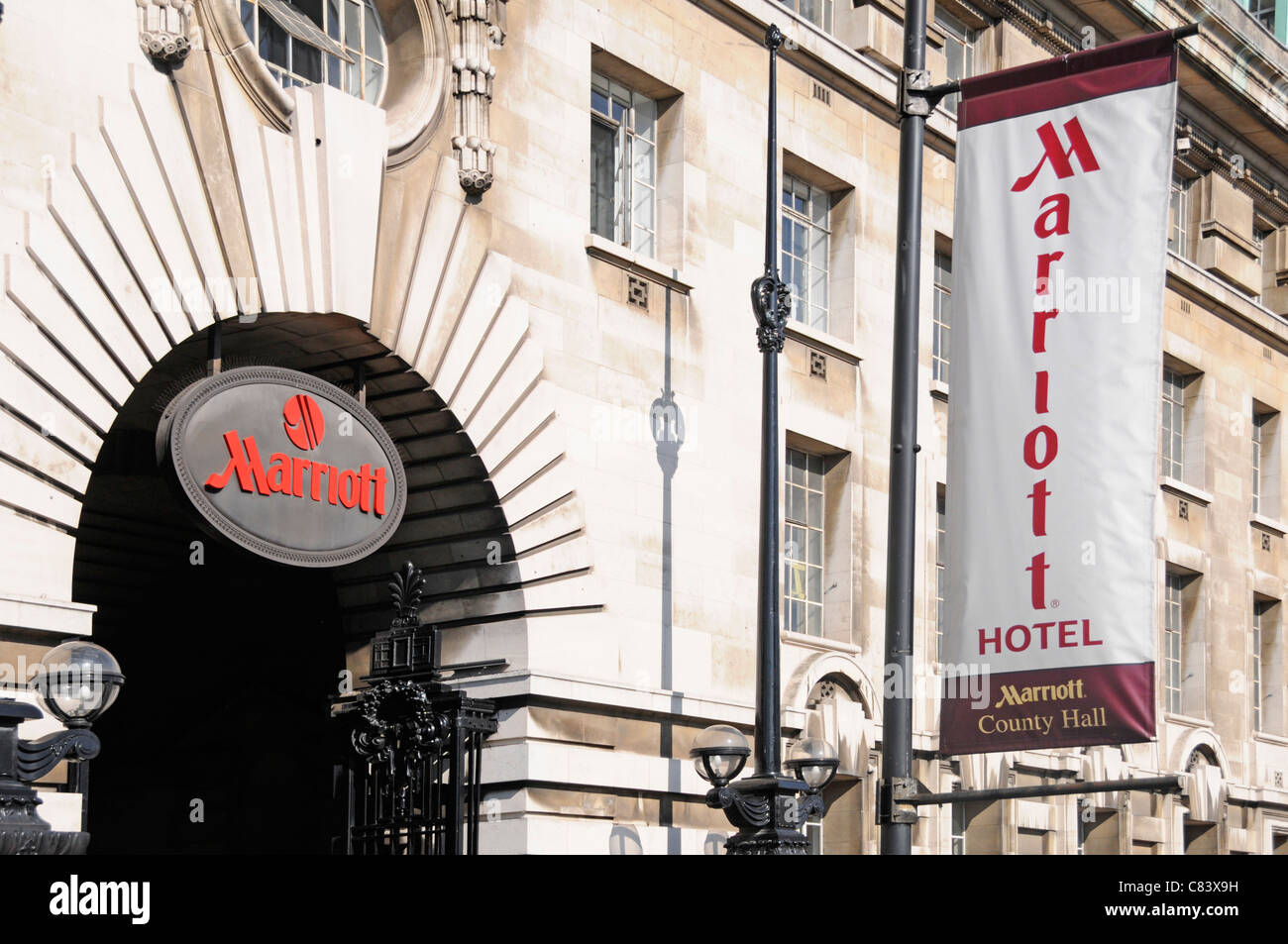 Marriott Hotel close up sign & banner above entrance converted from ...