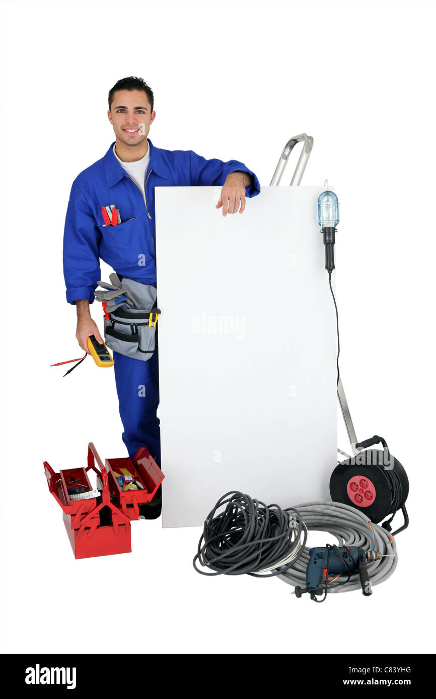 Electrician on white background Stock Photo - Alamy