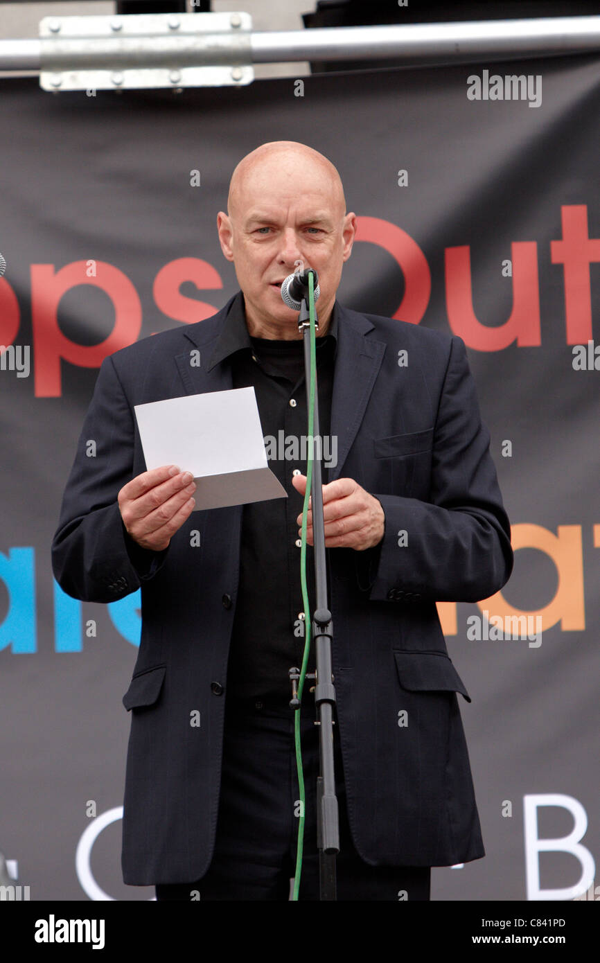 Composer Brian Eno addresses the Anti War Mass Assembly in Trafalgar ...