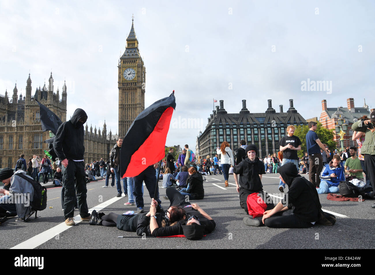 Black Bloc Anarchists Parliament Block the NHS Bill protest Westminster ...