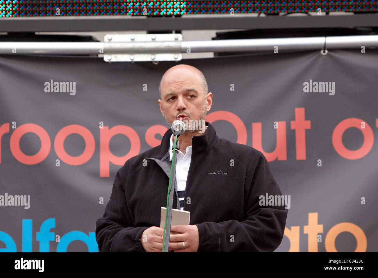 A speaker addresses the Anti War Mass Assembly on the 10th anniversary ...