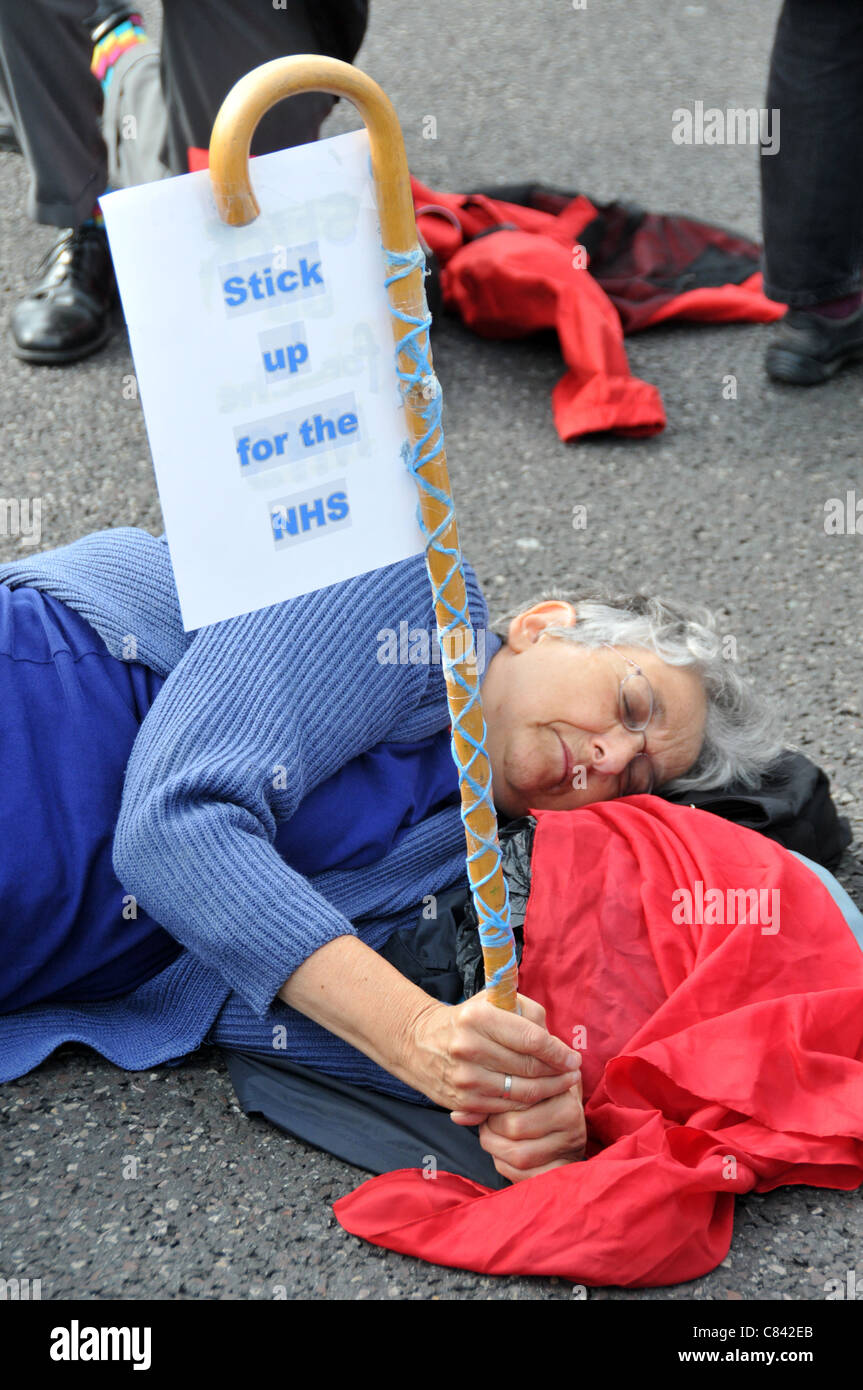 Old woman holding walking stick Block the NHS Bill protest Westminster ...