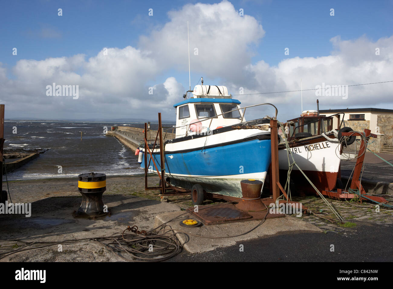 fishing boats at enniscrone town pier and killala bay county sligo ...