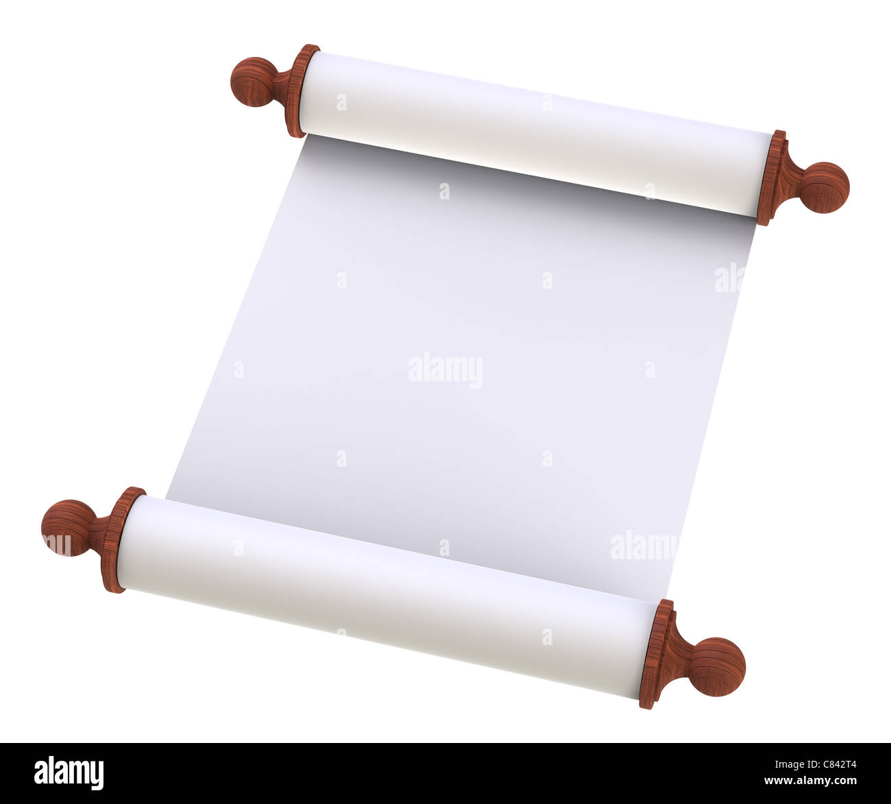 Scroll paper with wooden handles over white Stock Photo - Alamy