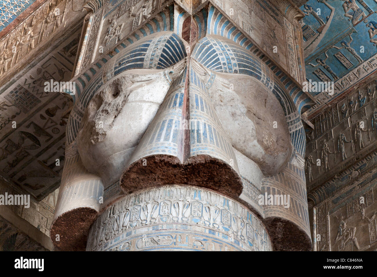 Interior details of Dendera Temple showing the newly cleaned columns ...
