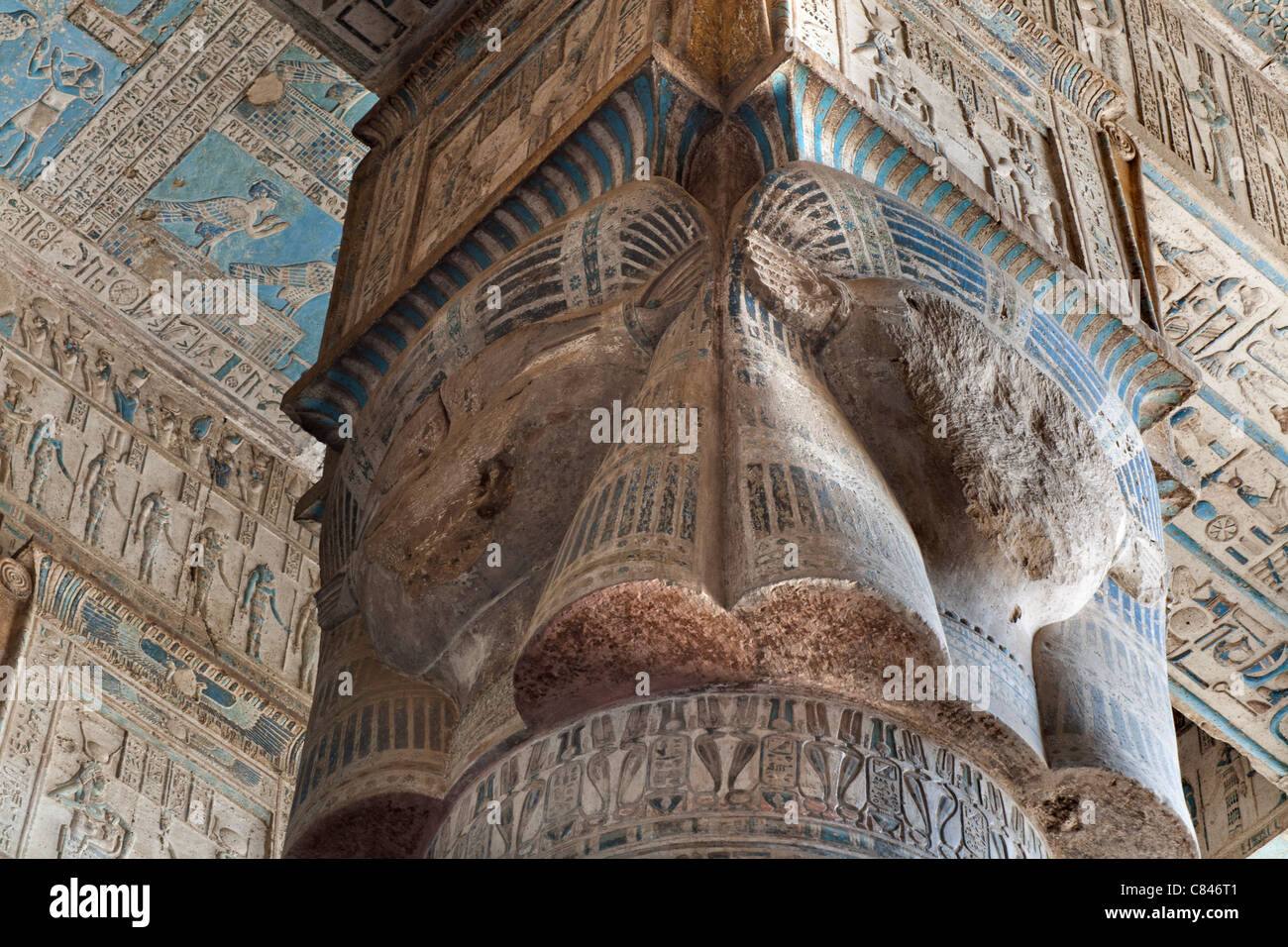 Interior details of Dendera Temple showing the newly cleaned columns ...