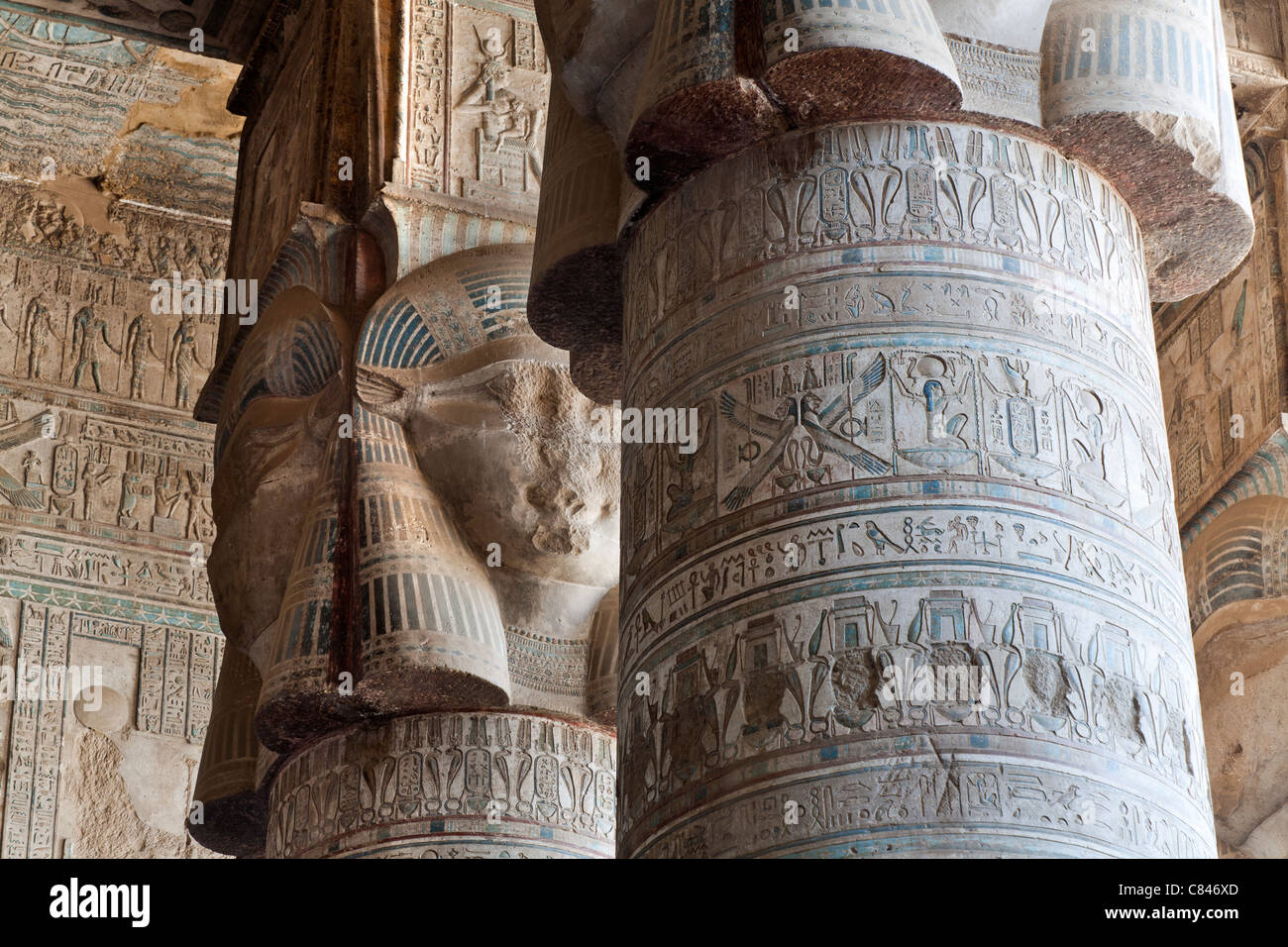 Interior details of Dendera Temple showing the newly cleaned columns ...