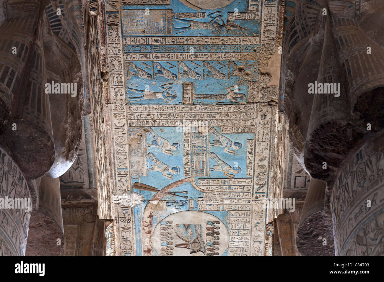 Interior details of Dendera Temple showing the newly cleaned columns ...