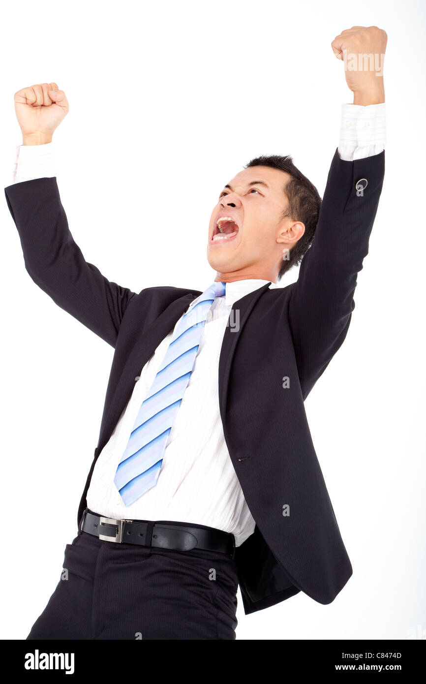 Successful businessman raising hand and isolated on white Stock Photo ...