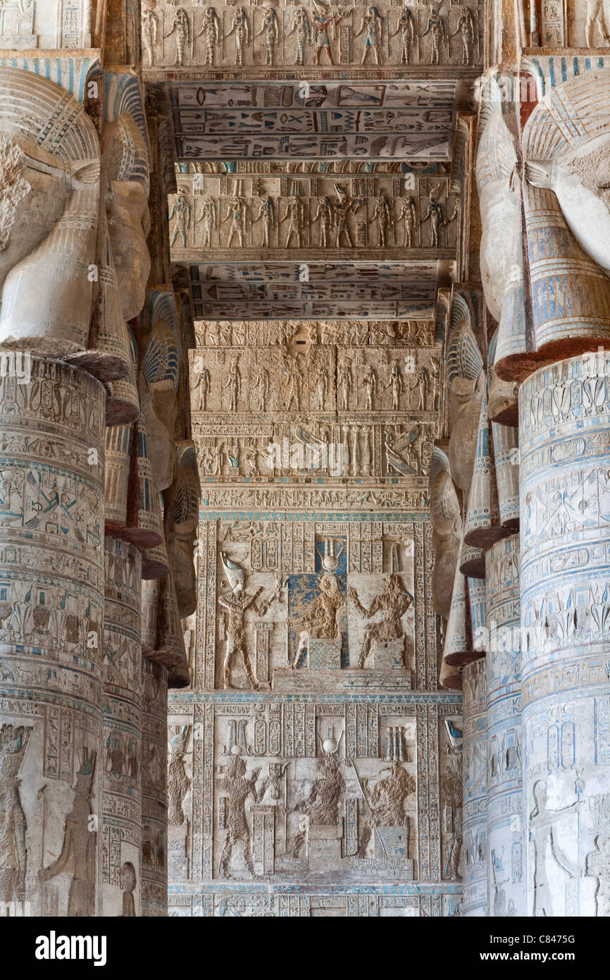 Interior details of Dendera Temple showing the newly cleaned columns ...