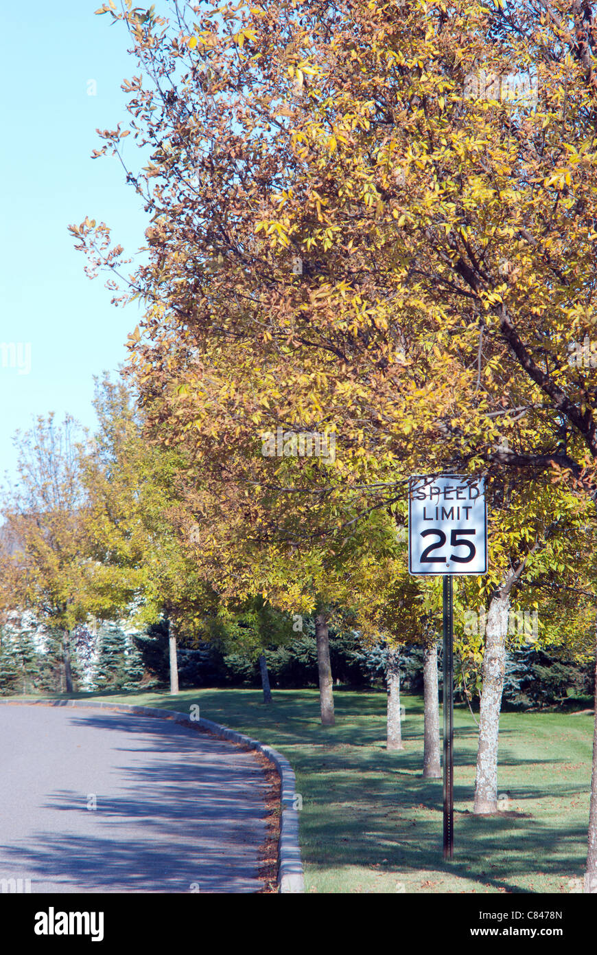 25 mph speed limit sign on an autumn day, South Burlington, Vermont ...