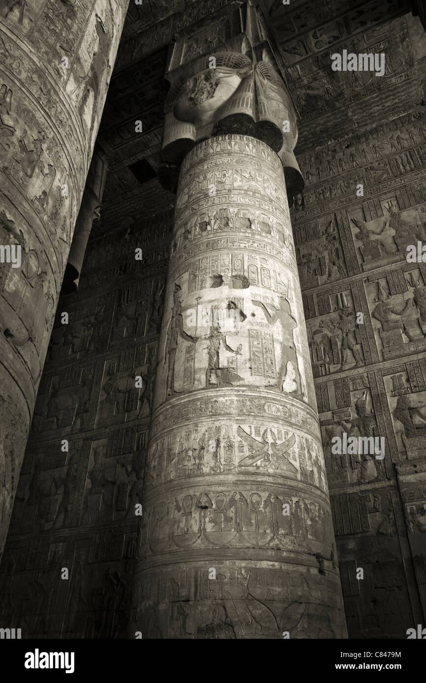 Monochrome image of Interior details of Dendera Temple showing the ...