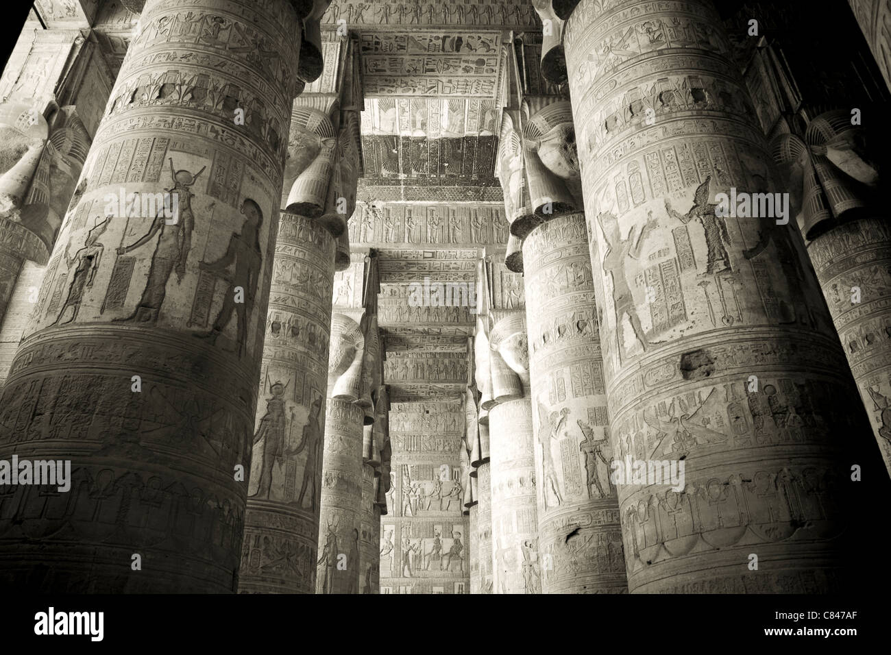 Monochrome image of Interior details of Dendera Temple showing the ...