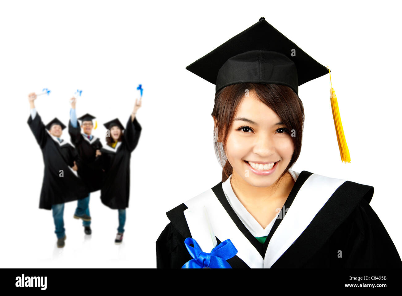 Young smiling graduate asian girl and happy students group Stock Photo ...