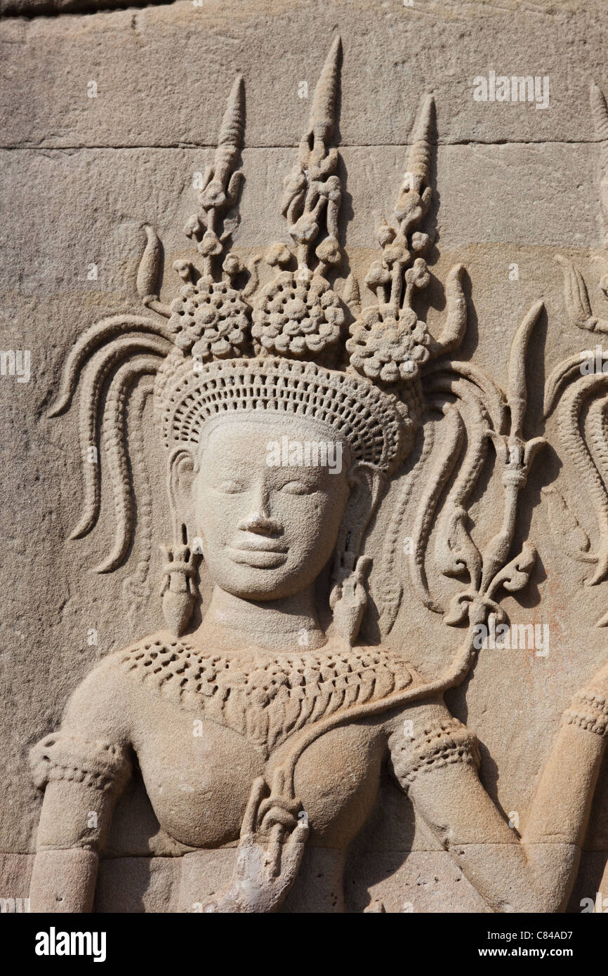 Cambodia, Siem Reap, Angkor Wat Temple, Carving Reliefs depicting ...
