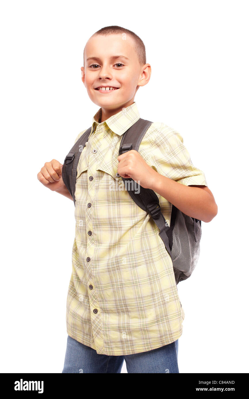 Portrait of a school child with backpack isolated on white background ...