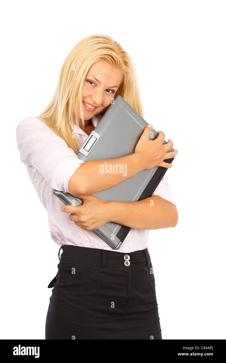 Portrait of an office lady hugging her laptop, isolated on white ...