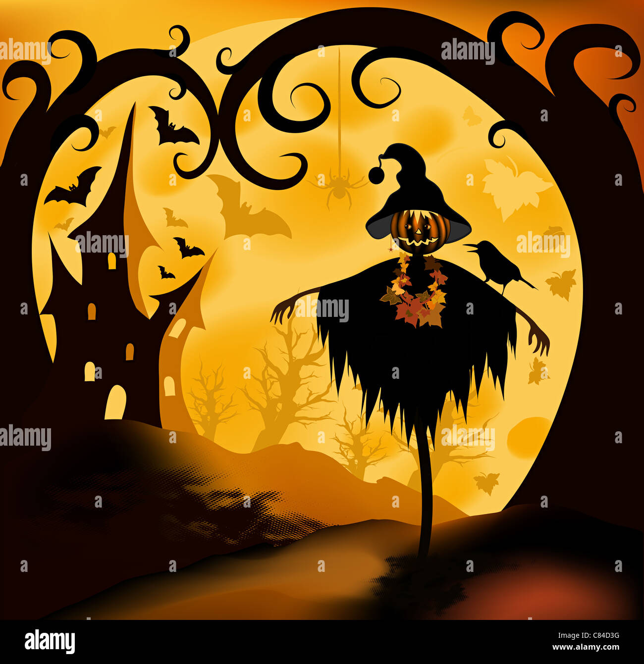 Halloween illustration background with scarecrow; moon and castle Stock ...