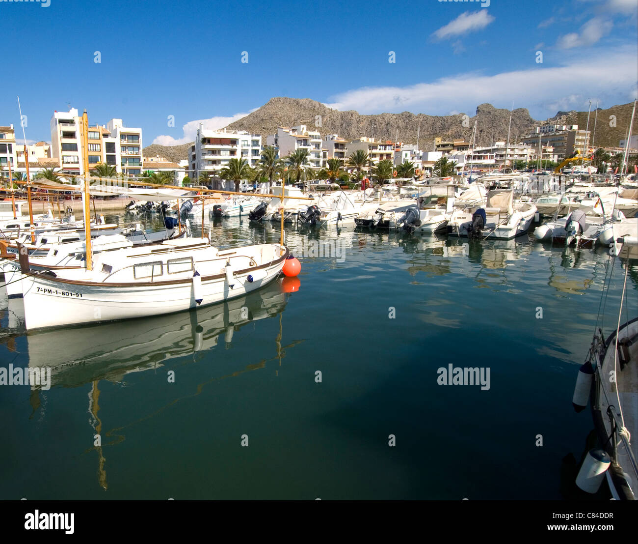 Mallorca, Port de Pollenca, harbour and boats, backdrop hotels and ...